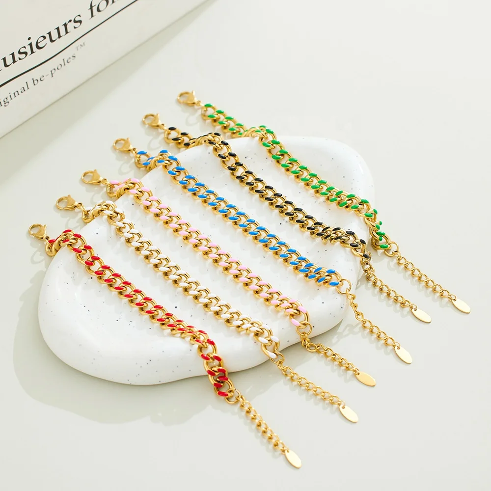 Iced Out Enamel Cuban Link Chain Bracelet For Women Adjustable Gold ...