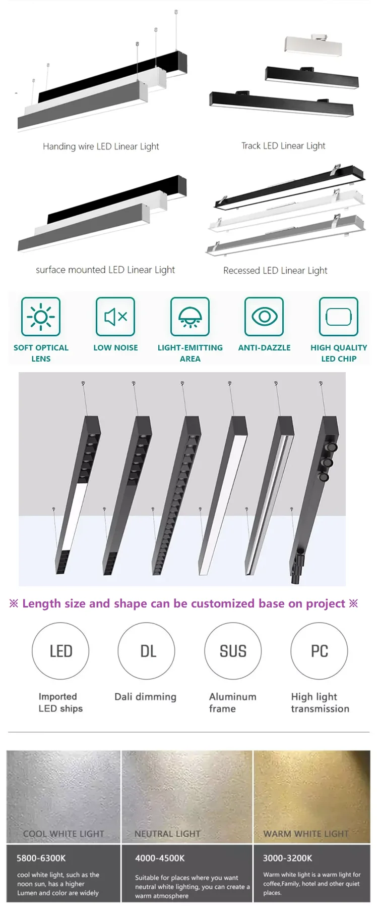 Aluminum Housing Commercial Indoor Chandelier Recessed Strip Bar Ceiling Fixtures Suspended Led ...