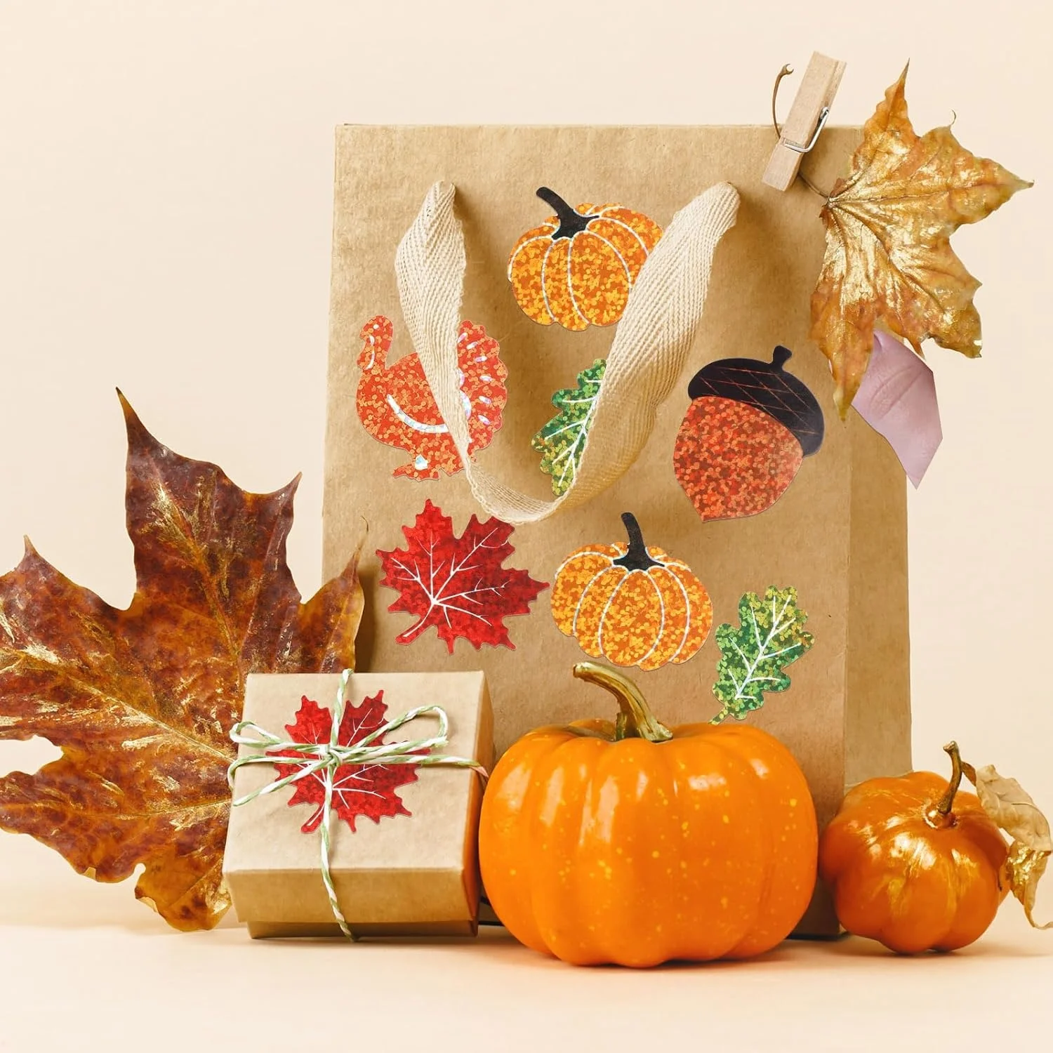 Fall Thanksgiving Stickers Roll Laser Turkey Maple Leaf Acorn Decals ...