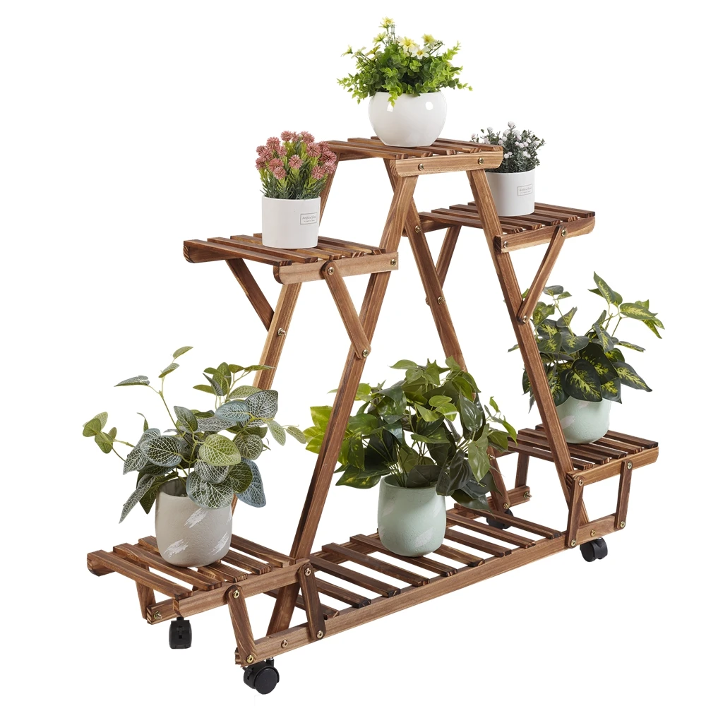 Triangular Plants Shelf With Wheels Indoor 6 Potted Wooden Flower Pot ...