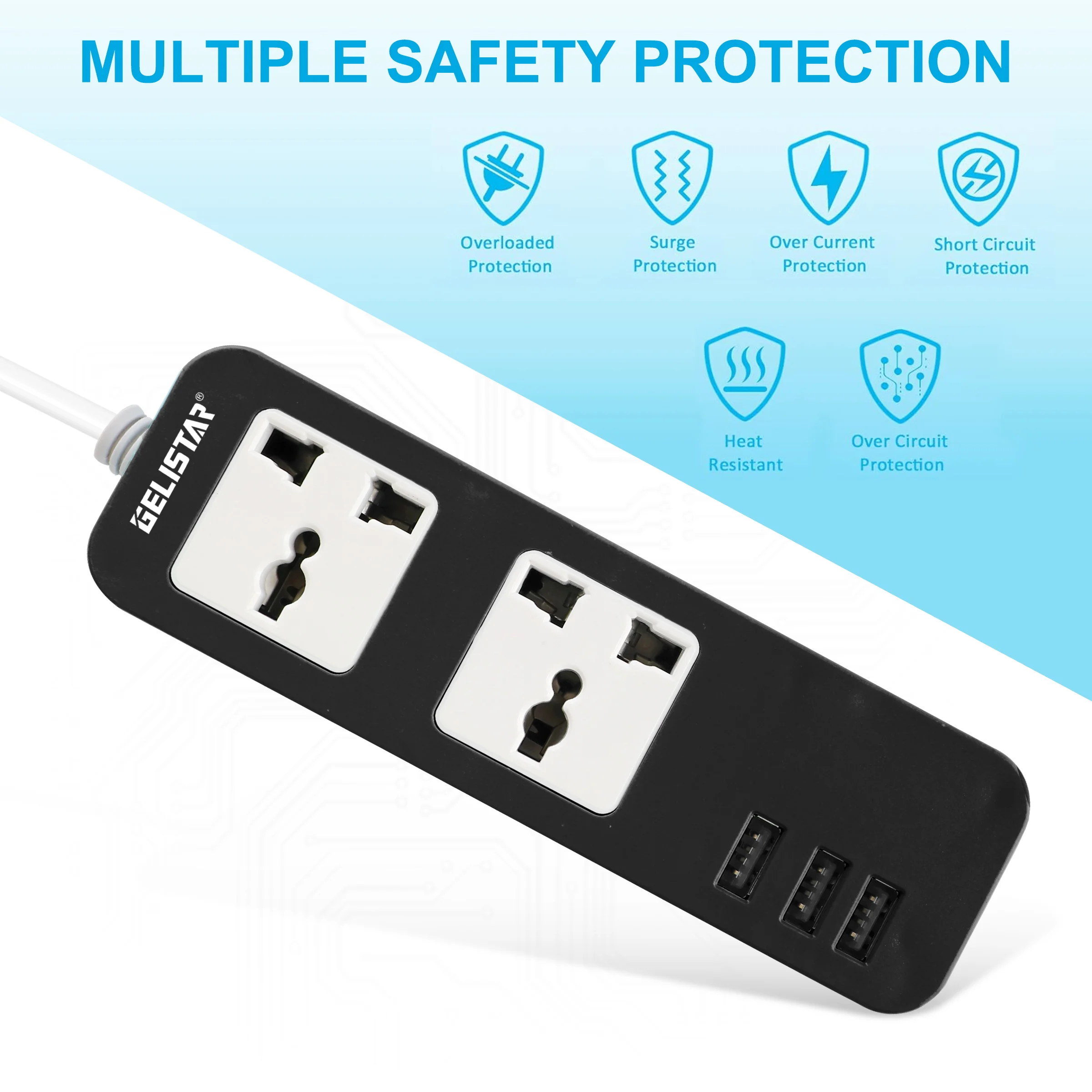 Multi Plug Power Socket With 2 Ways Universal Extension Cable And 3 Usb ...