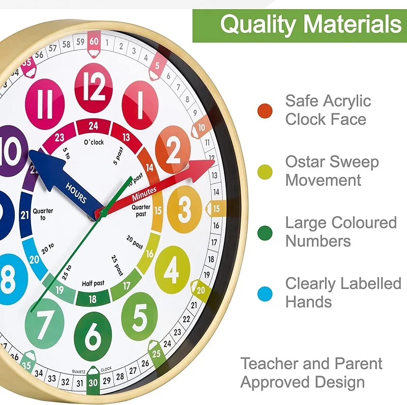 Colorful Learning Clock for Kids - Silent Educate Wall Clock