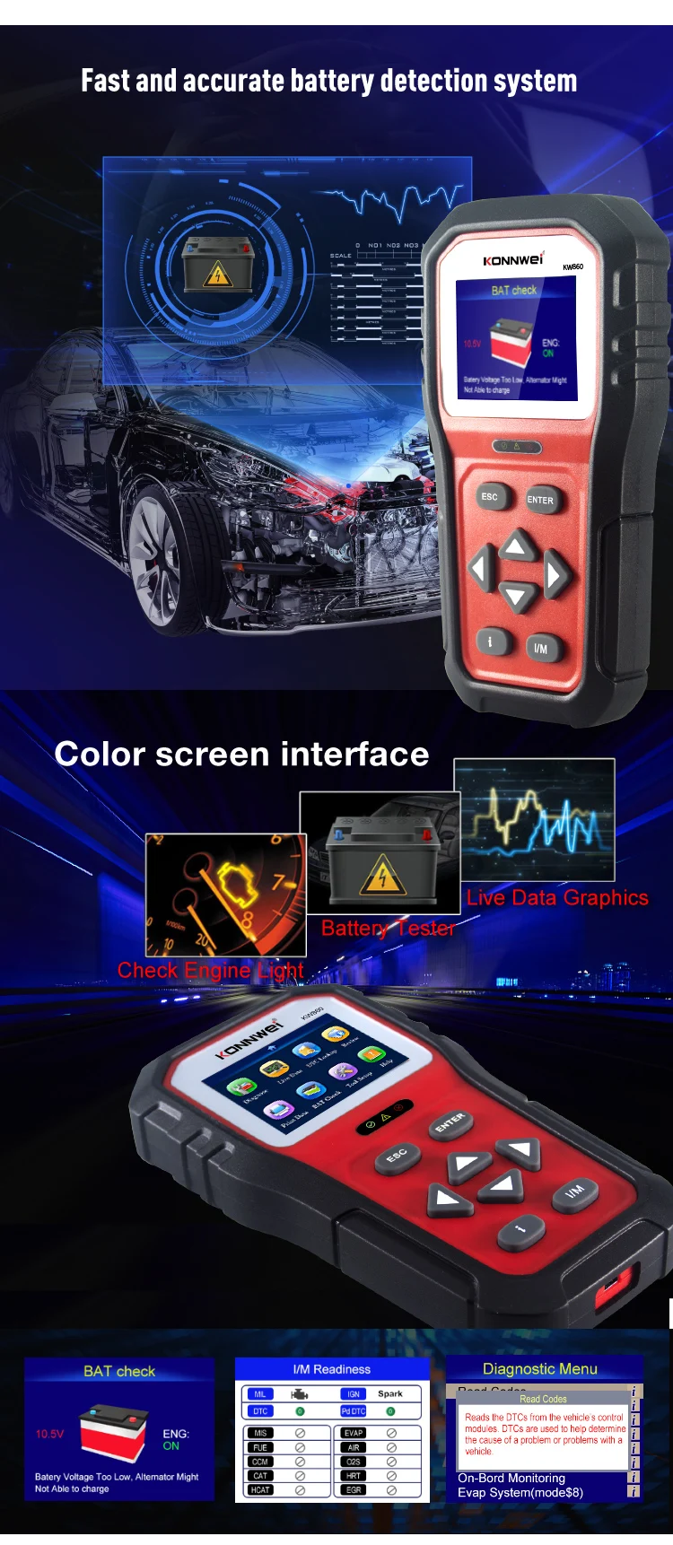KONNWEI KW860 Car Diagnostics Tool - Free OBD2 Scanner