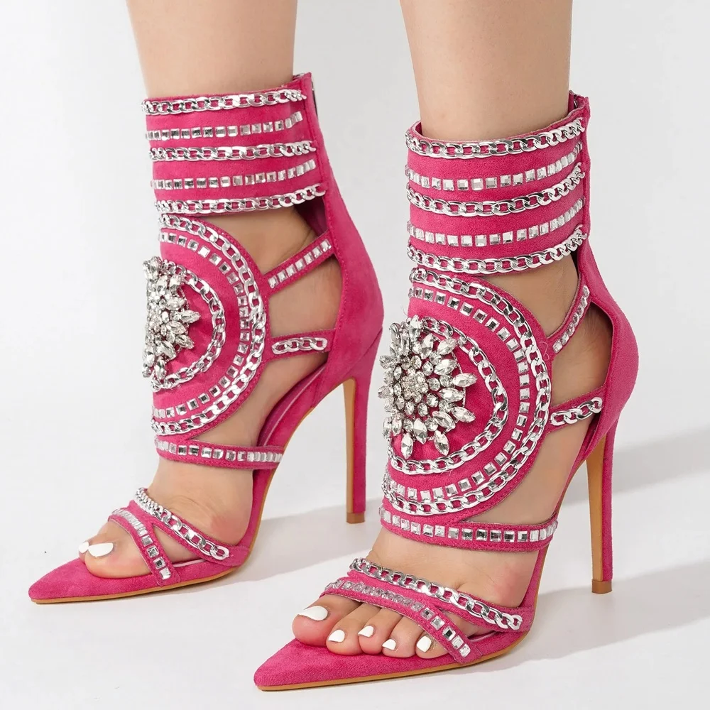 Luxury Metal Chain Women High Heels Diamonds Sandals Rhinestone Ladies ...