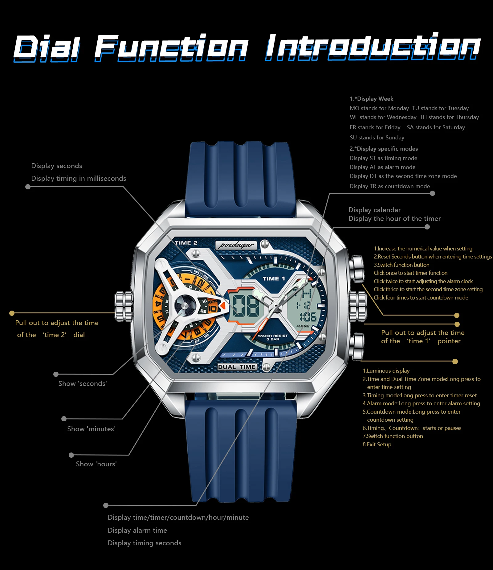 POEDAGAR E106 Dual Display Square Silicone Watch Alloy Case Digital Led ...