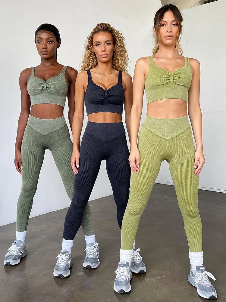 6pcs Wash Ribbed Suit Active Long Sleeve Crop Top Workout Clothing Gym Seamless Fitness Yoga ...