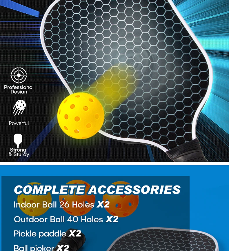Pickleball Paddles Set - Durable Honeycomb Fiberglass Rackets