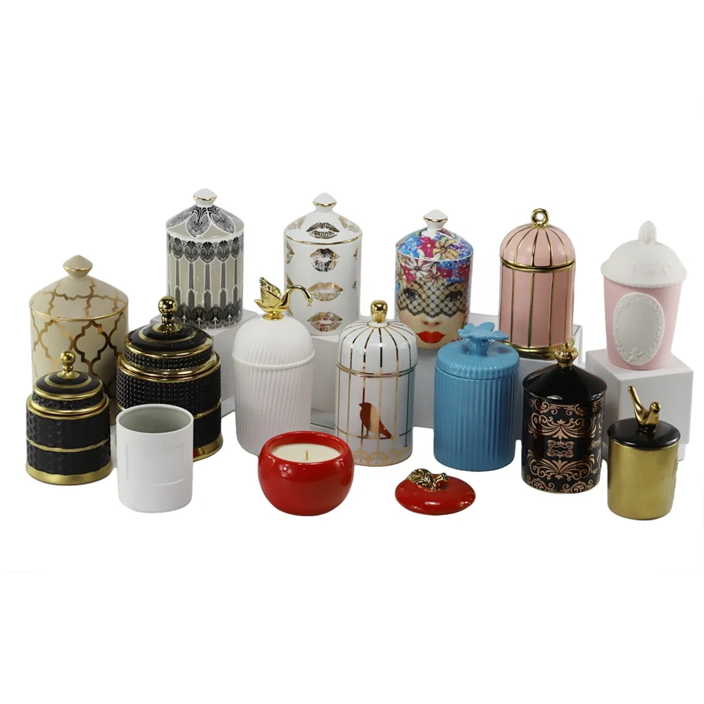Home Decoration Custom Porcelain Candle Container Embossed Logo Gold ...