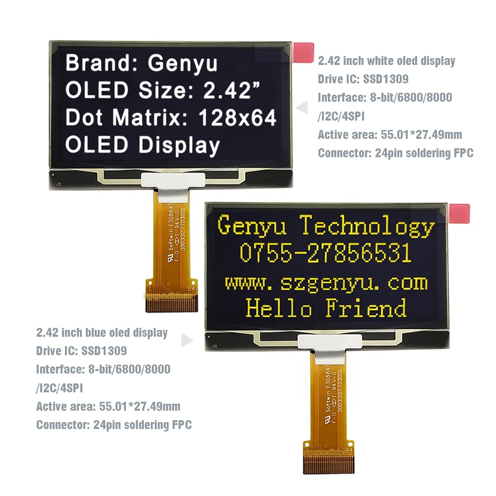 2.08" 24 Pin Iic/i2c Spi Oled Serial Display Sh1122g Monochrome White ...