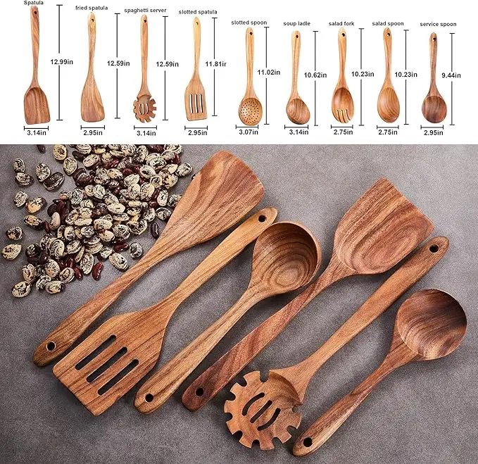 9 Piece Wooden Kitchen Utensils Set Natural Teak Cooking Utensil Set ...