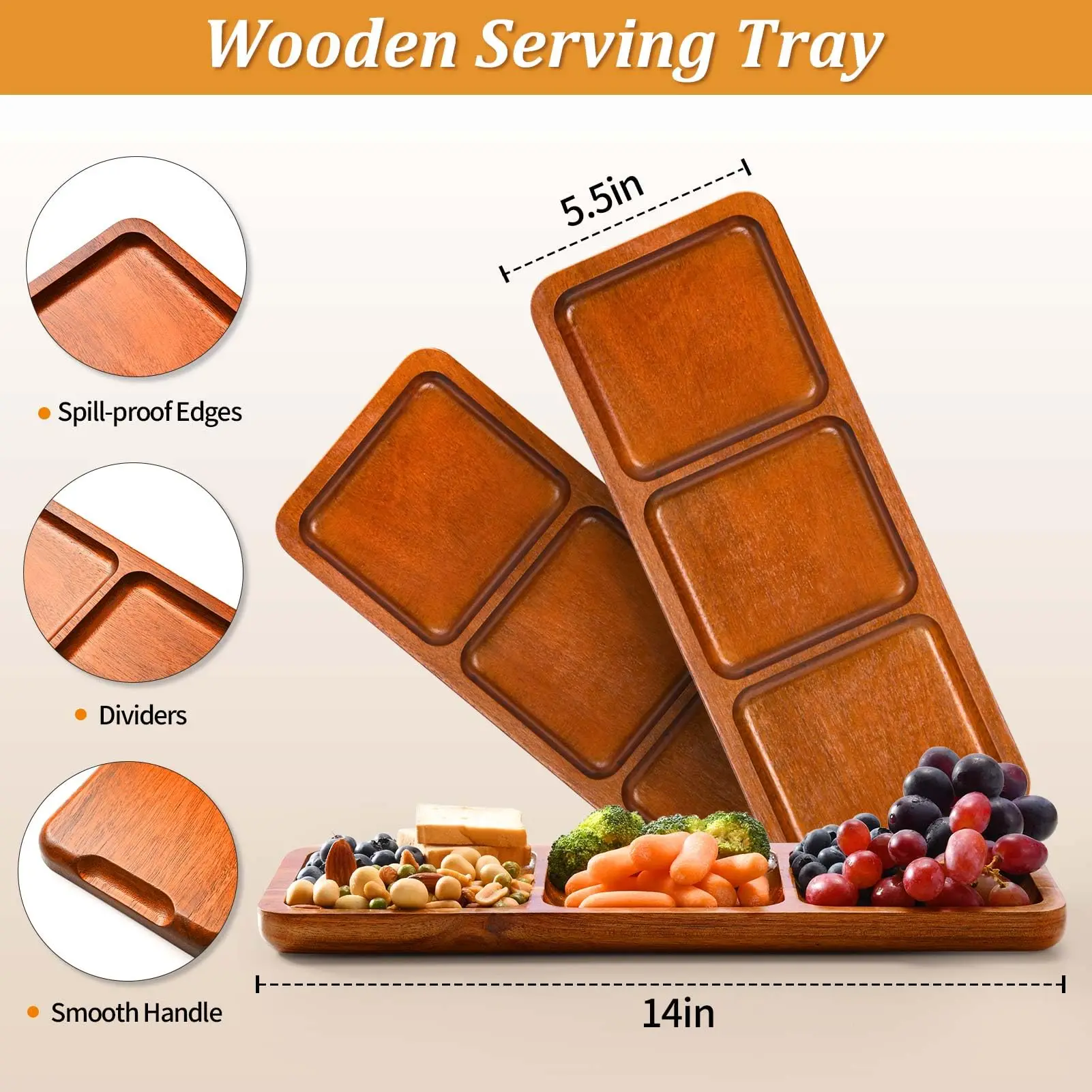 3 Section Rectangular Wooden Trays Acacia Wood Food Serving Tray Wooden ...