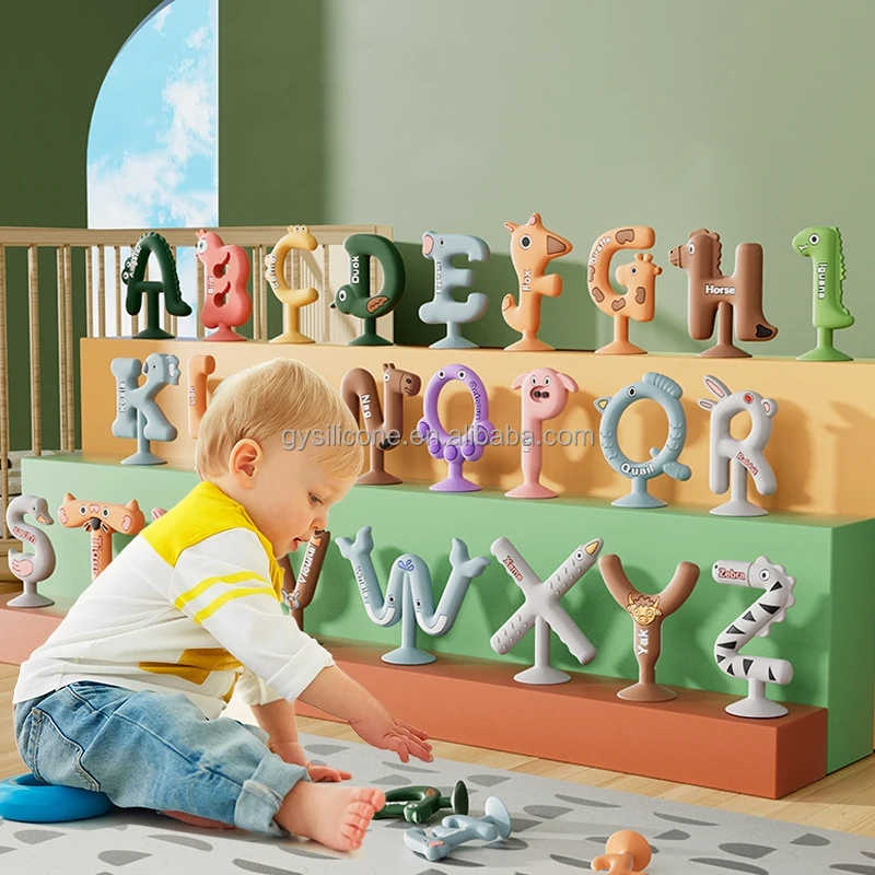 26 Letters Alphabet & Animal Shapes Silicone Baby Teething Toy Set For ...