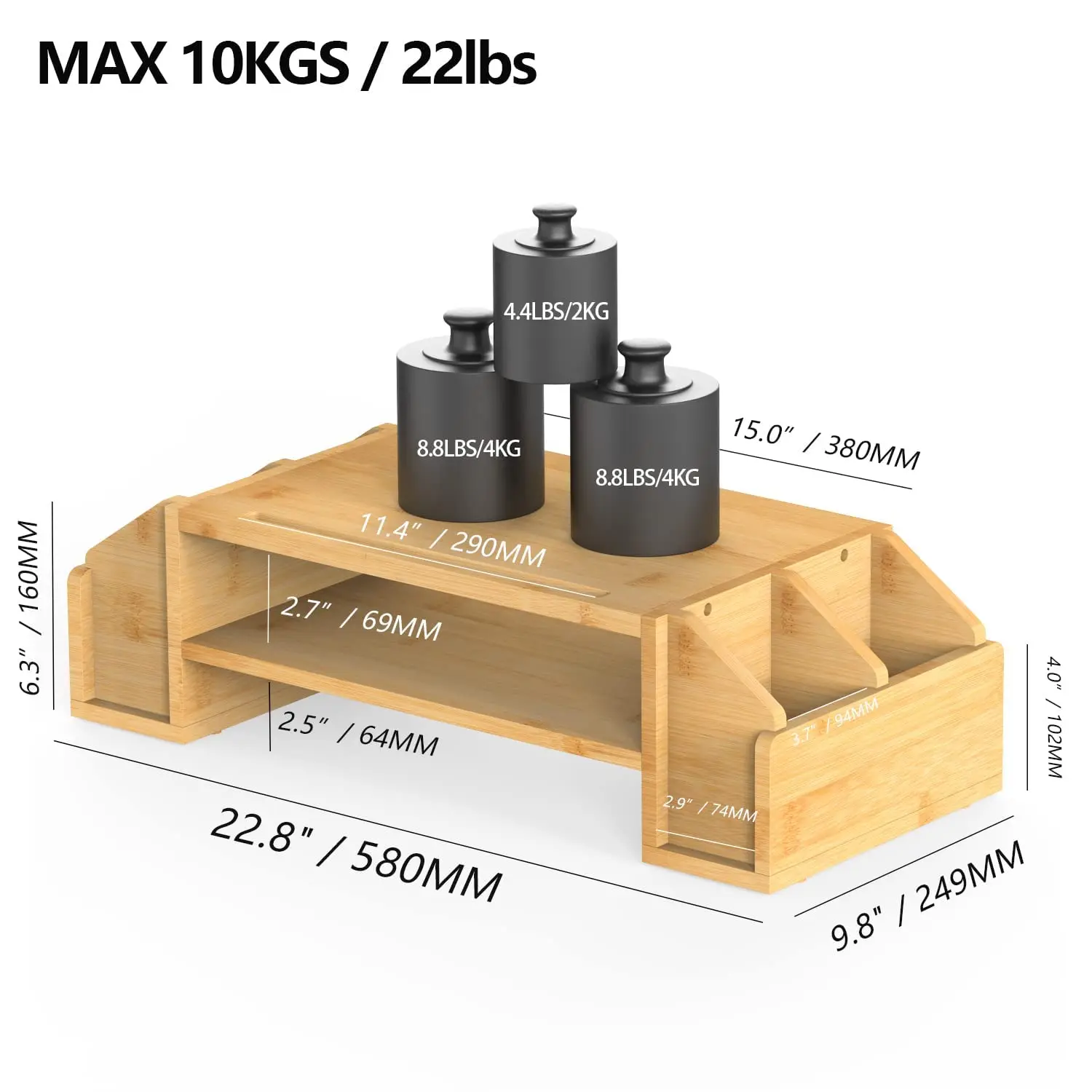 Bamboo Monitor Stand 2 Tiers Computer Monitor Riser With 4 Pockets ...