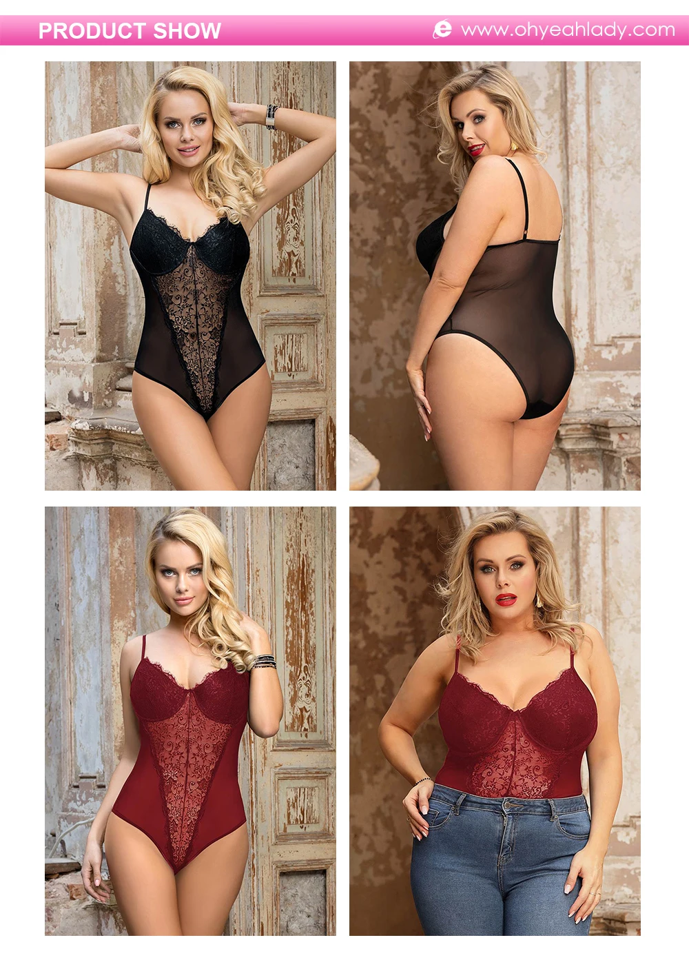 Ohyeah Women Transparent Black Mesh Lace Sheer Bodysuit