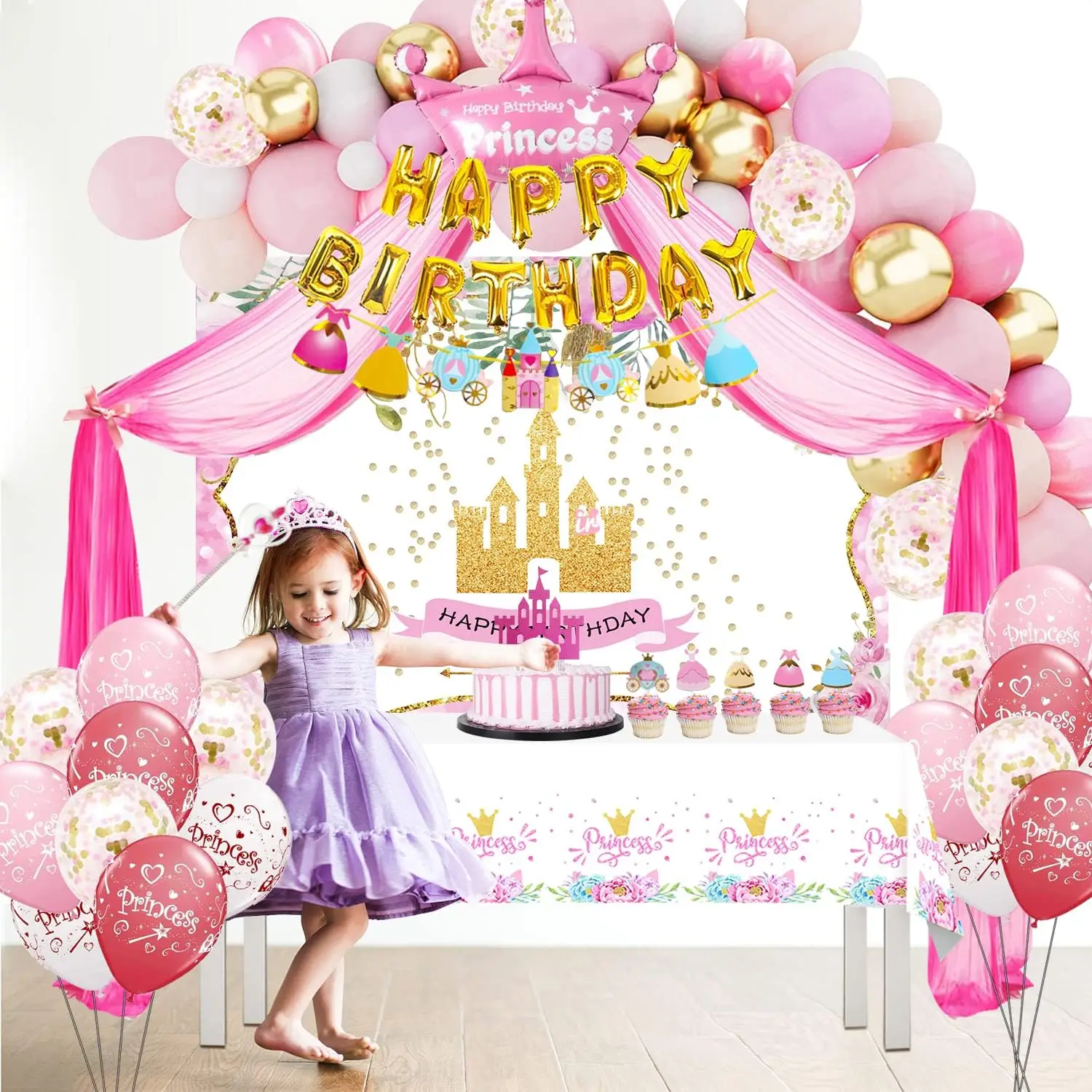 Princess Birthday Decorations Include Balloon Arch Banner Backdrop ...