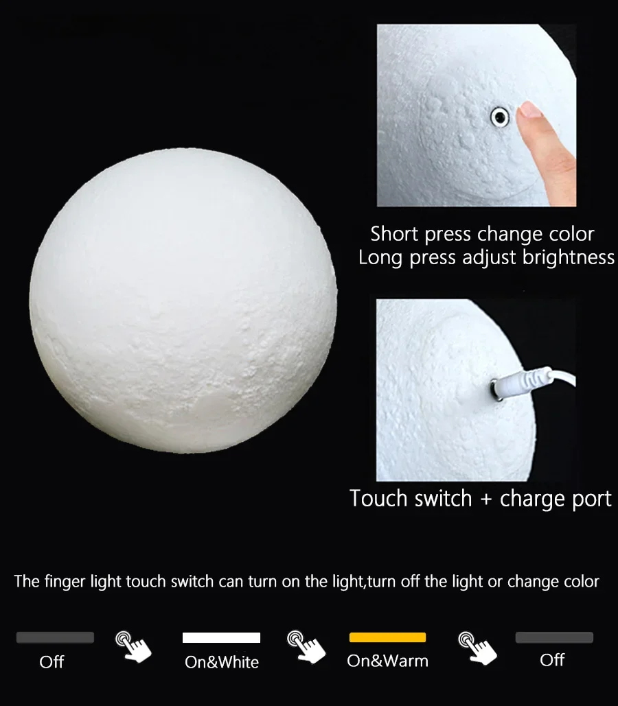 Dropship 3D Print Rechargeable Moon Lamp LED Night Light Creative Touch ...