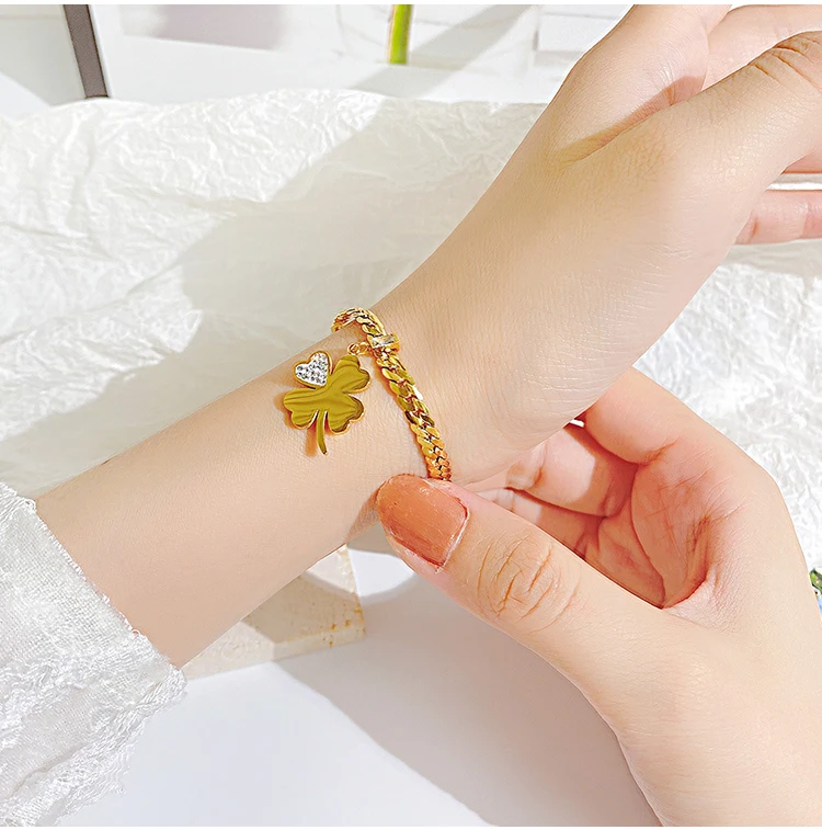 Classic Popular Stainless Steel Mother of Pearl Four Leaf Clover Shell Lucky Charm Bracelet for ...