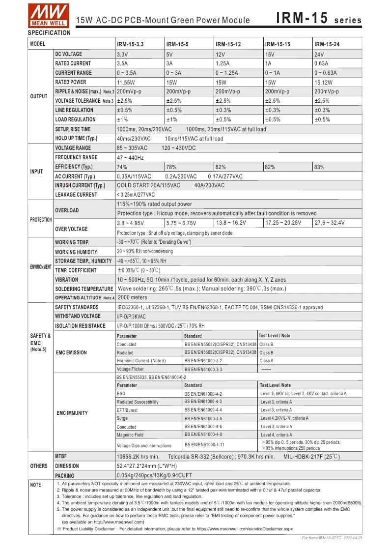 Irm-15-5 Mean Well Output 5v Open Frame 3a 15w Single Dc Power Supply ...