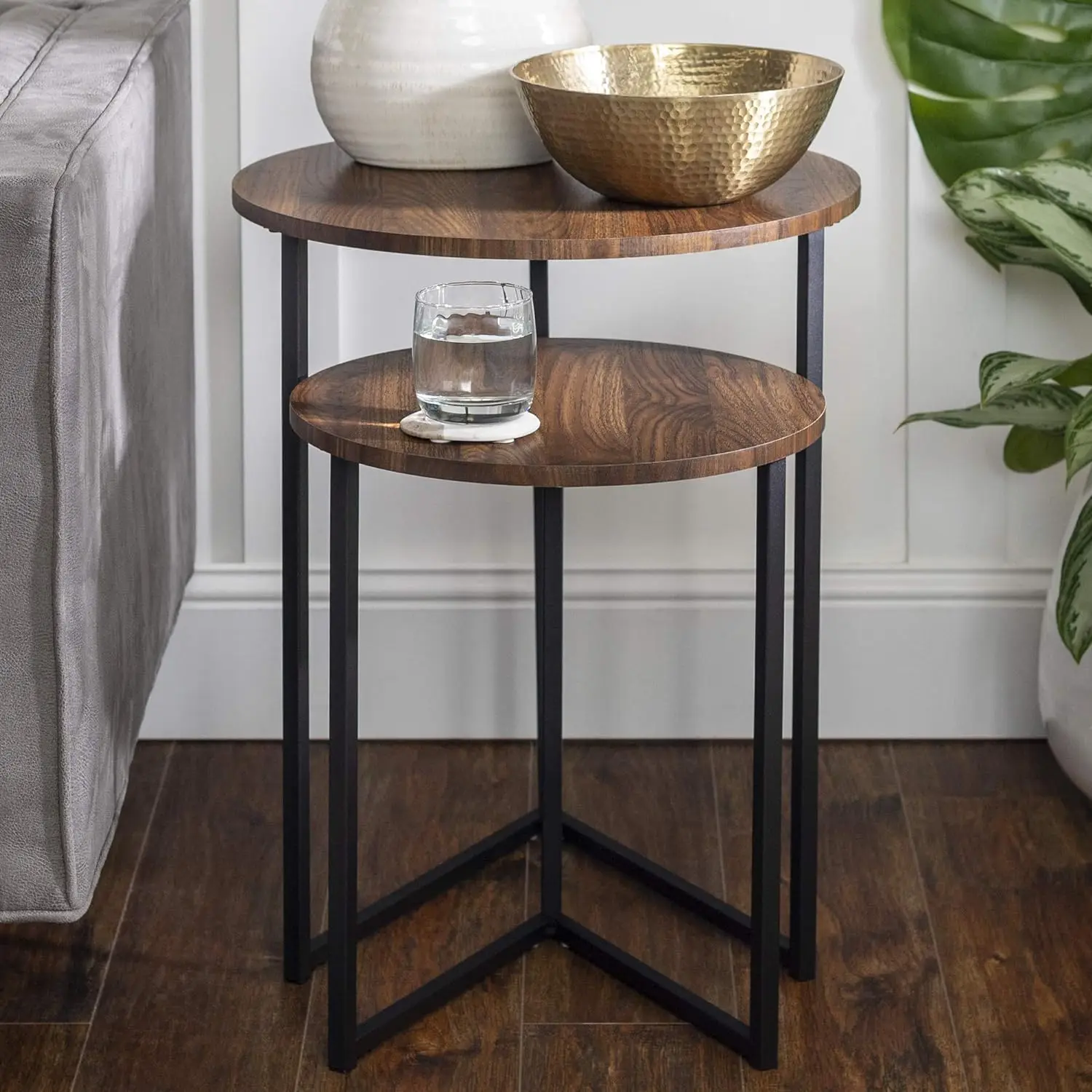 Dark Walnut Coffee Table,Modern Round Metal Base Nesting Set Accent ...