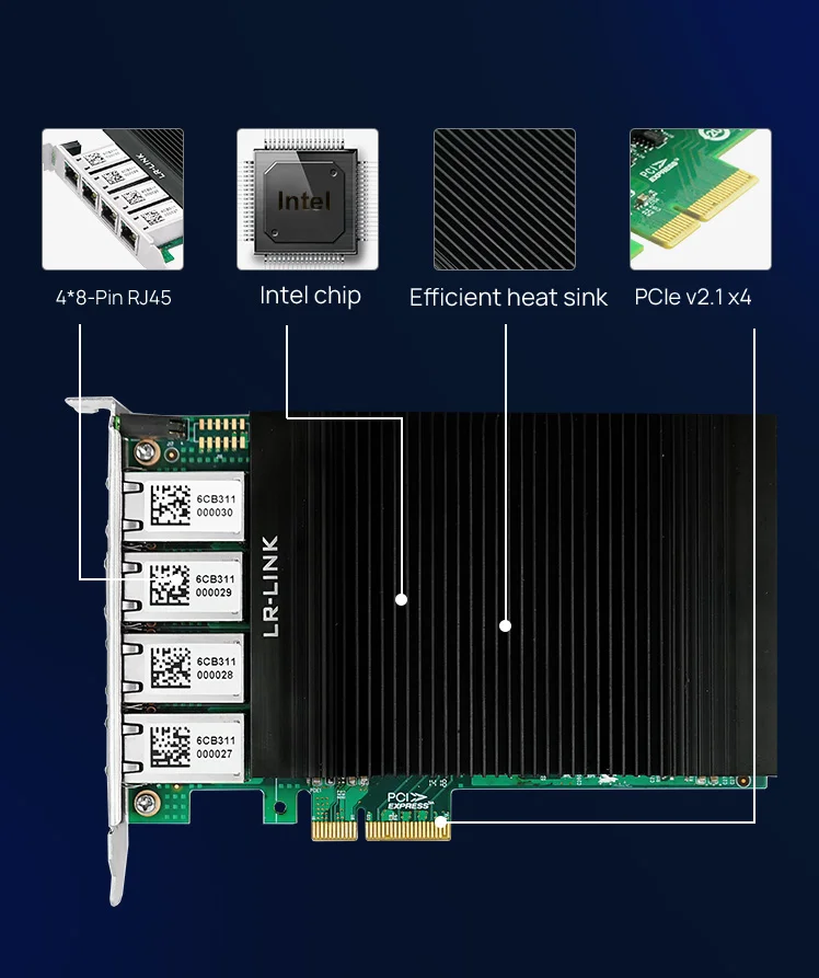 LR-LINK LRES2004PT-POE Pcie X4 1G 4*RJ45 Gigabit Ethernet Card