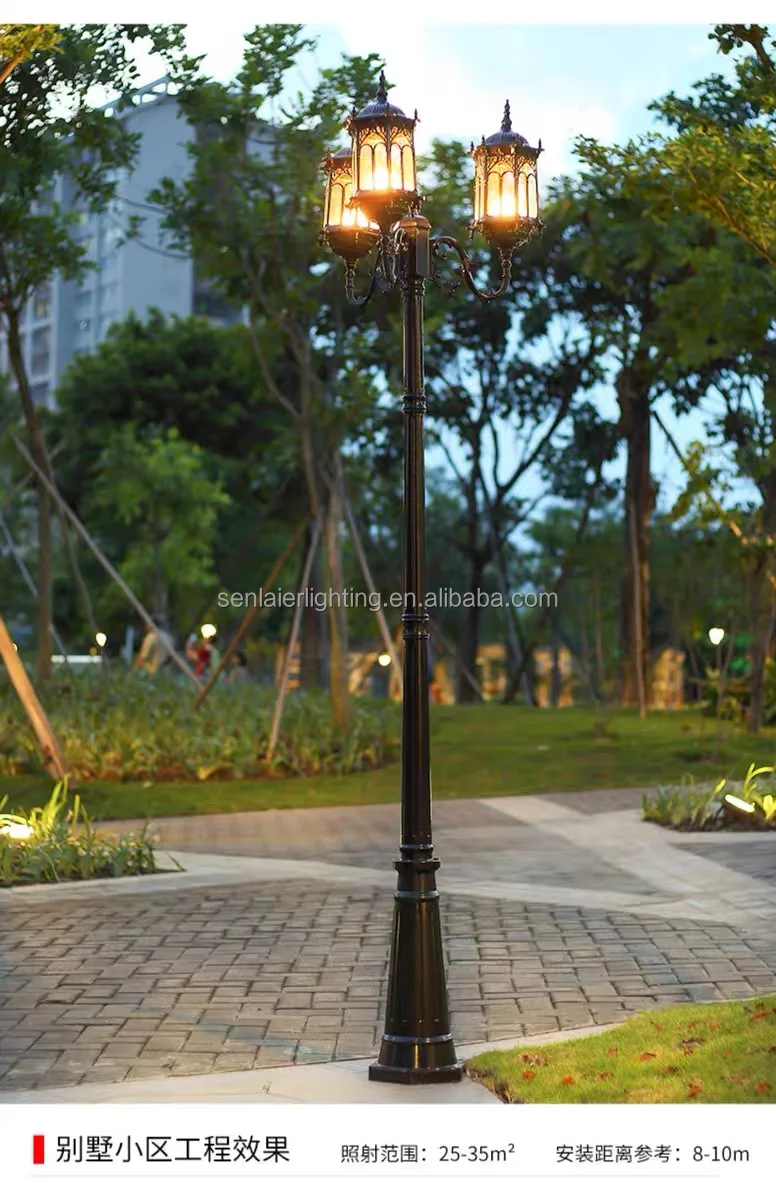European Retro LED Courtyard Light with 3 High Pole Landscape ...