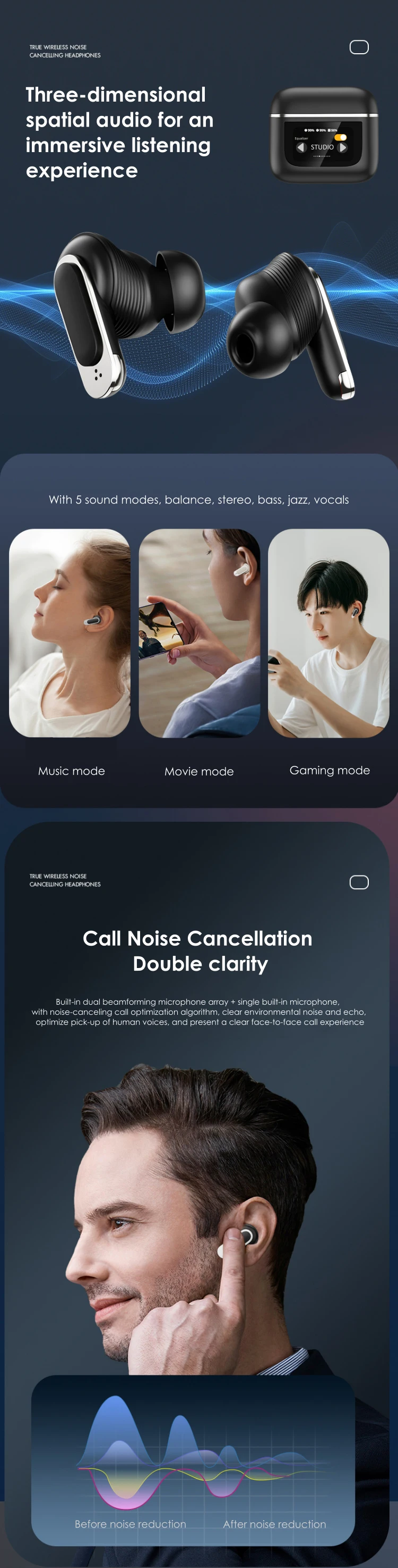 Anc Earphone V8 Lcd Full Touch Screen Wireless Earbuds In Ear Waterproof Tws Gaming Wireless ...