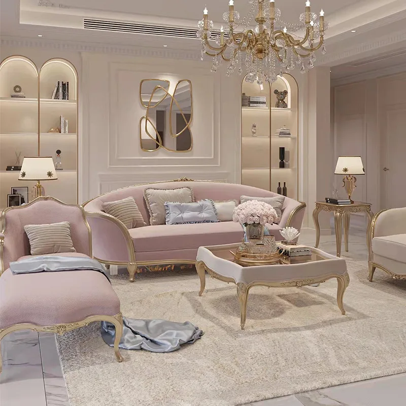 Living Room Furniture French Style Cream solid wood carved fabric sofa ...