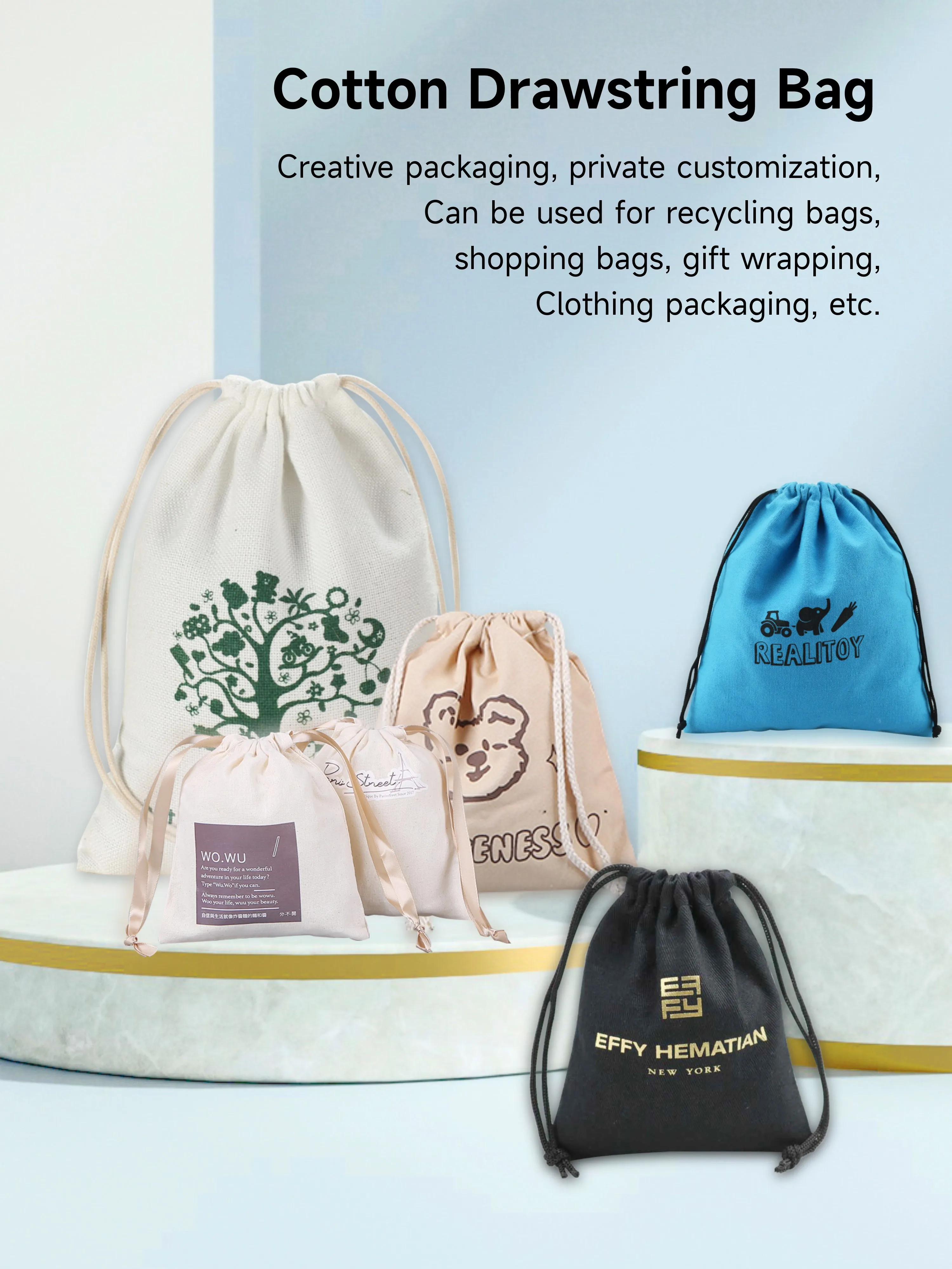 Recycle Organic Muslin Cotton Canvas Fabric Drawstring Dust Bag with Logo