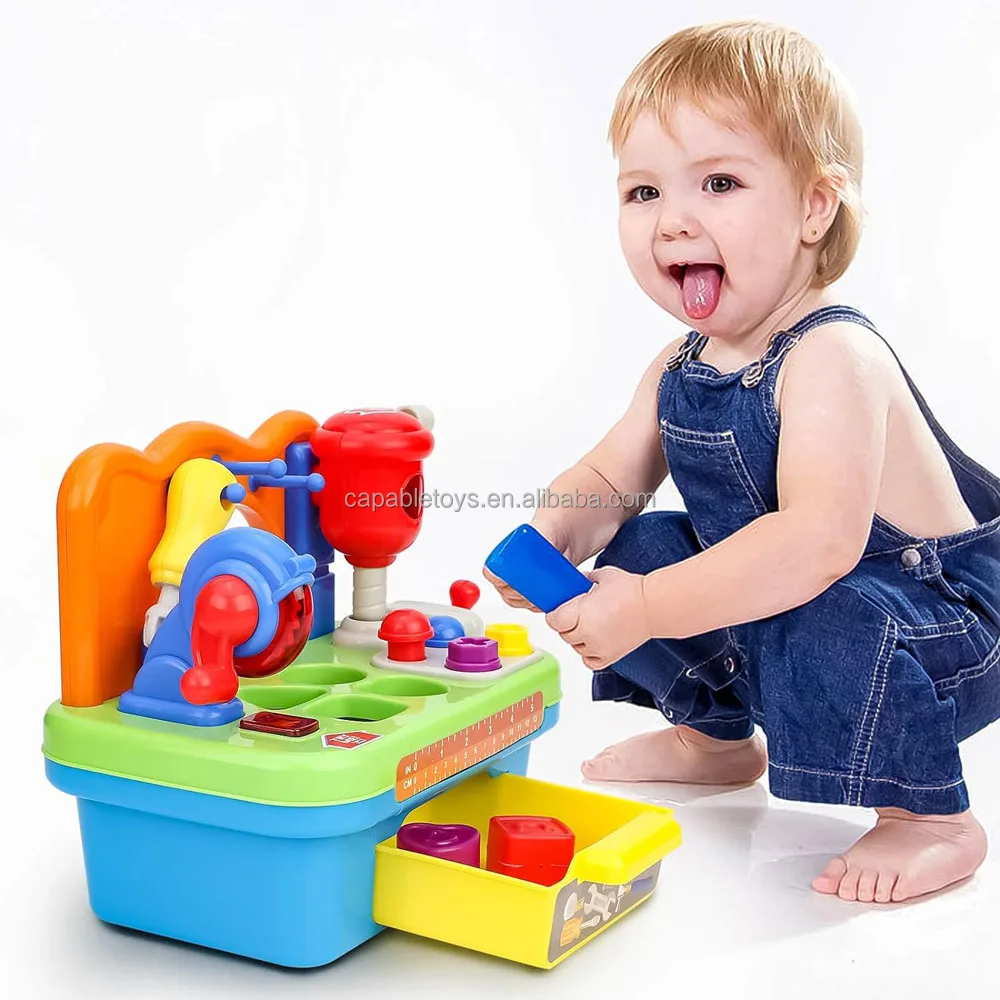 Kids Pretend Play Workshop Construction Workbench Toy Shape Sorter Mini ...