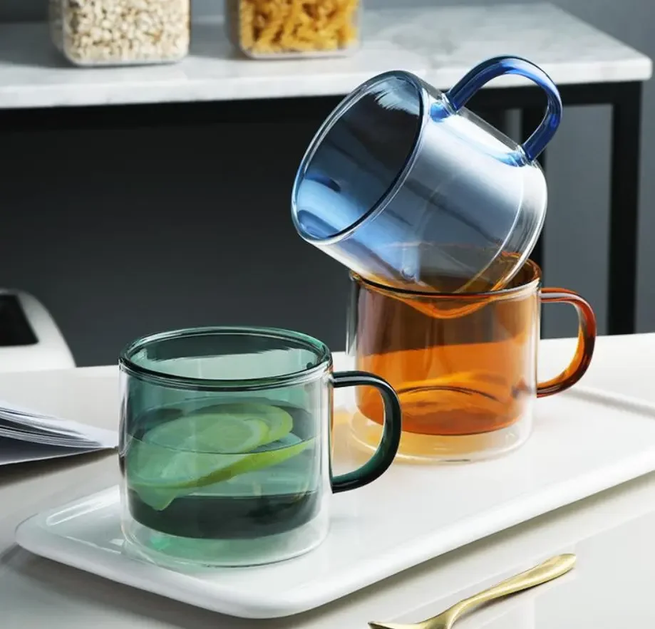 250ml Colorful Borosilicate Double Wall Insulated Glass Coffee Mug With ...