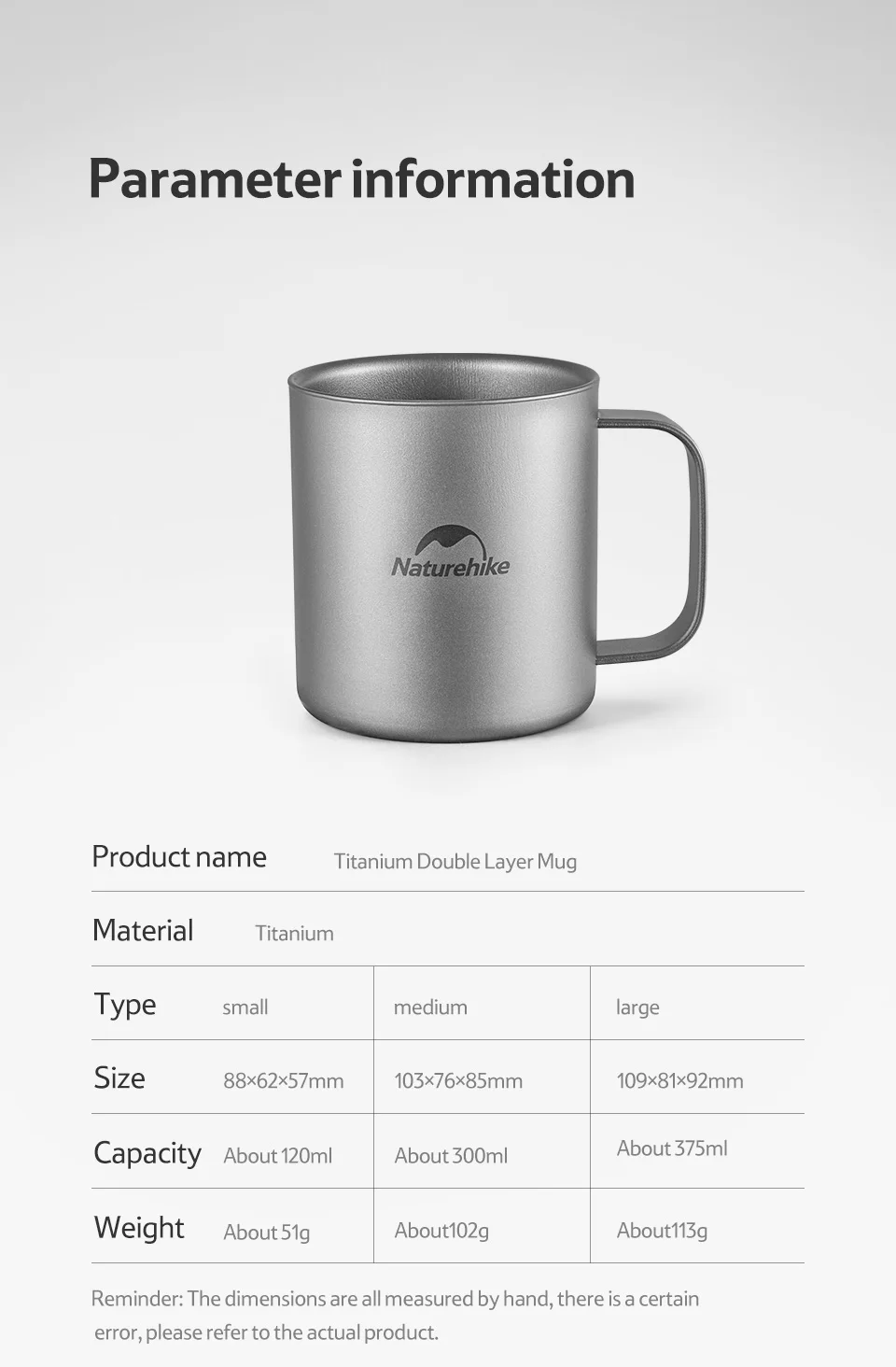 Naturehike Outdoor Camping Picnic Coffee Mugs Titanium Water Mug Double Layer Cup With Handle ...