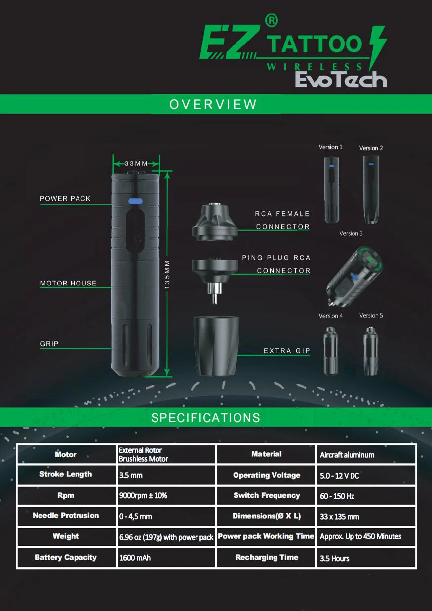 EZ Tattoo Navy Blue EvoTech Pen Machine 2 Grips 1600mAh Battery Pack ...