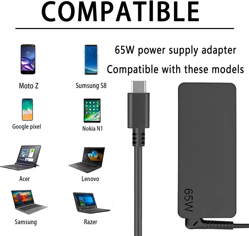 20V 3.25A 65W USB Type C Power Adapter for Lenovo, Asus, HP
