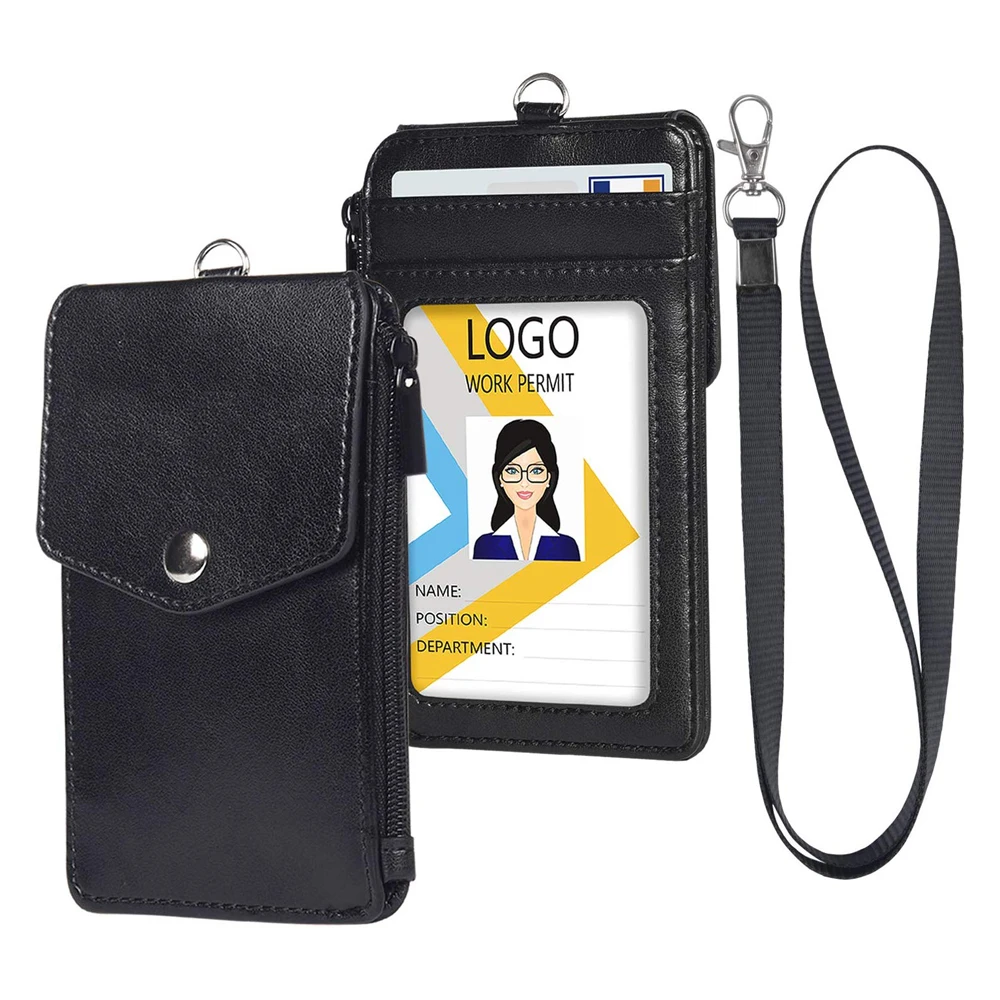 Office Work Card Holder Custom PU Leather Lanyard Name ID Badge Holder ...