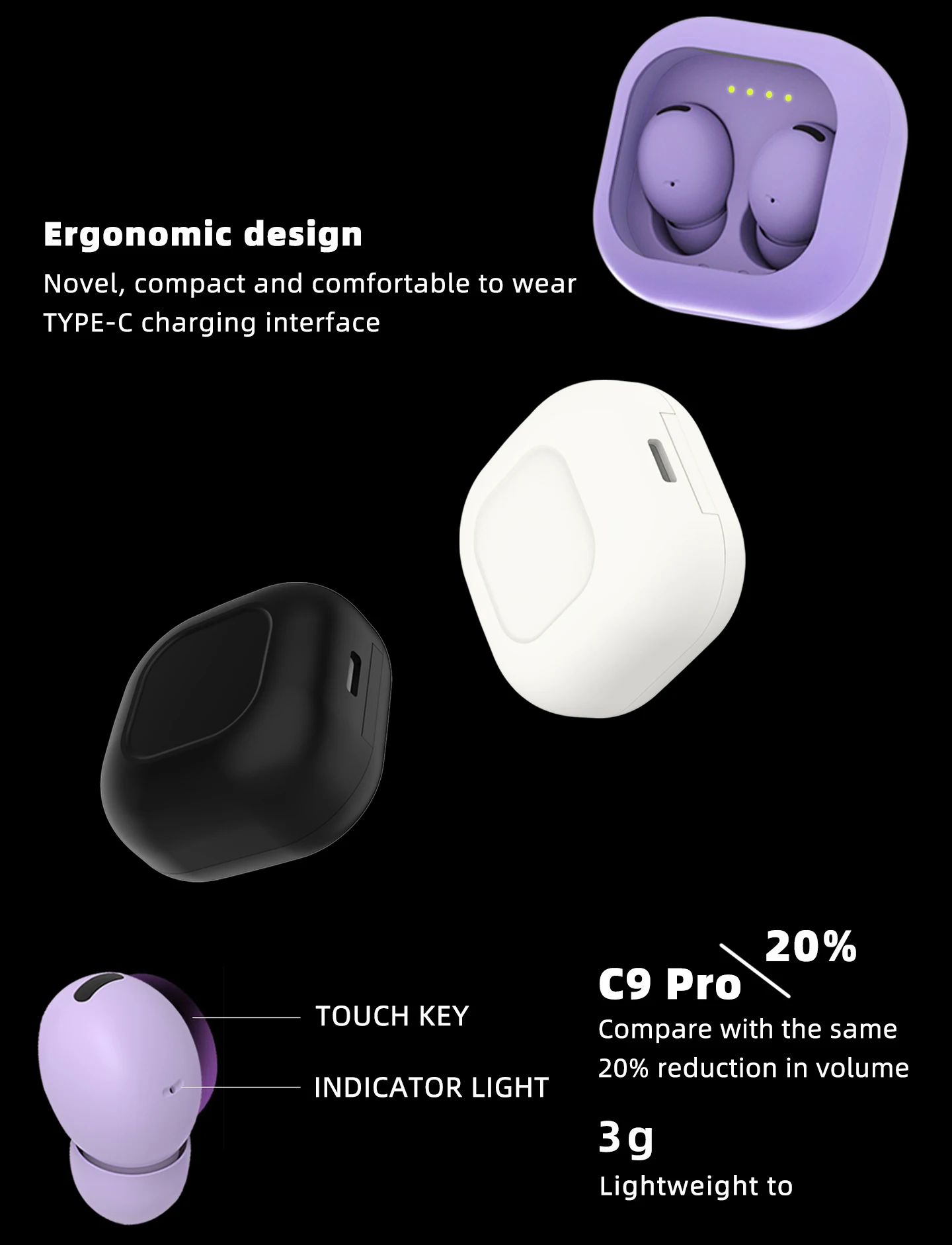 New Product C9 Pro Hot Selling Wireless Headset Translucent Charging ...