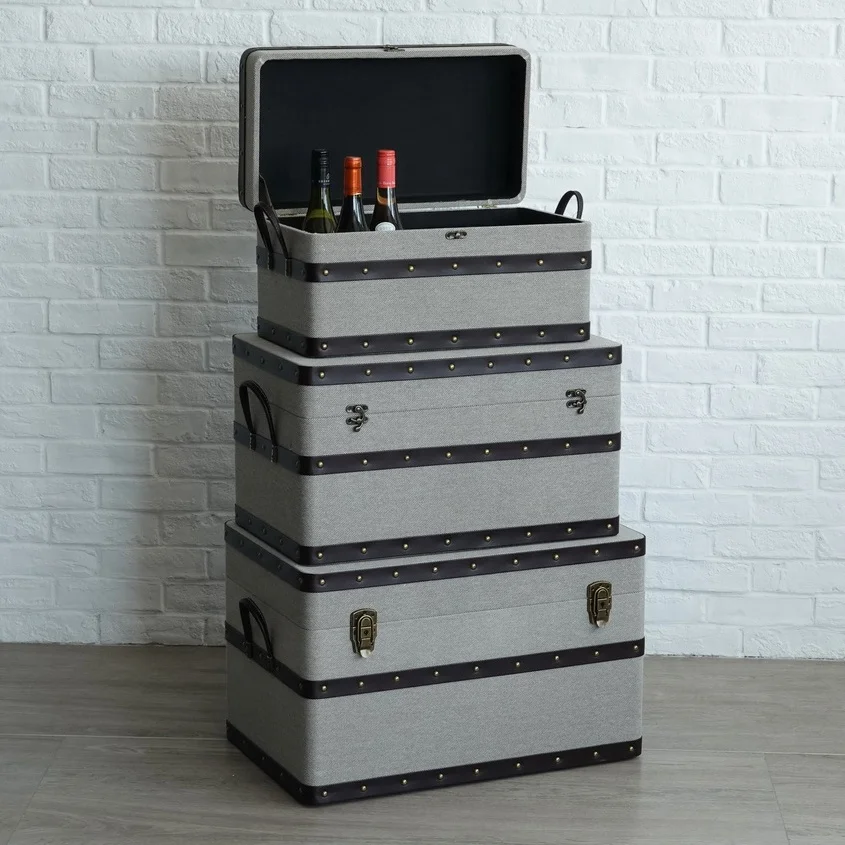 Wooden Storage Trunk Boxes Set Rectangle Shape with Canvas Surface PU ...