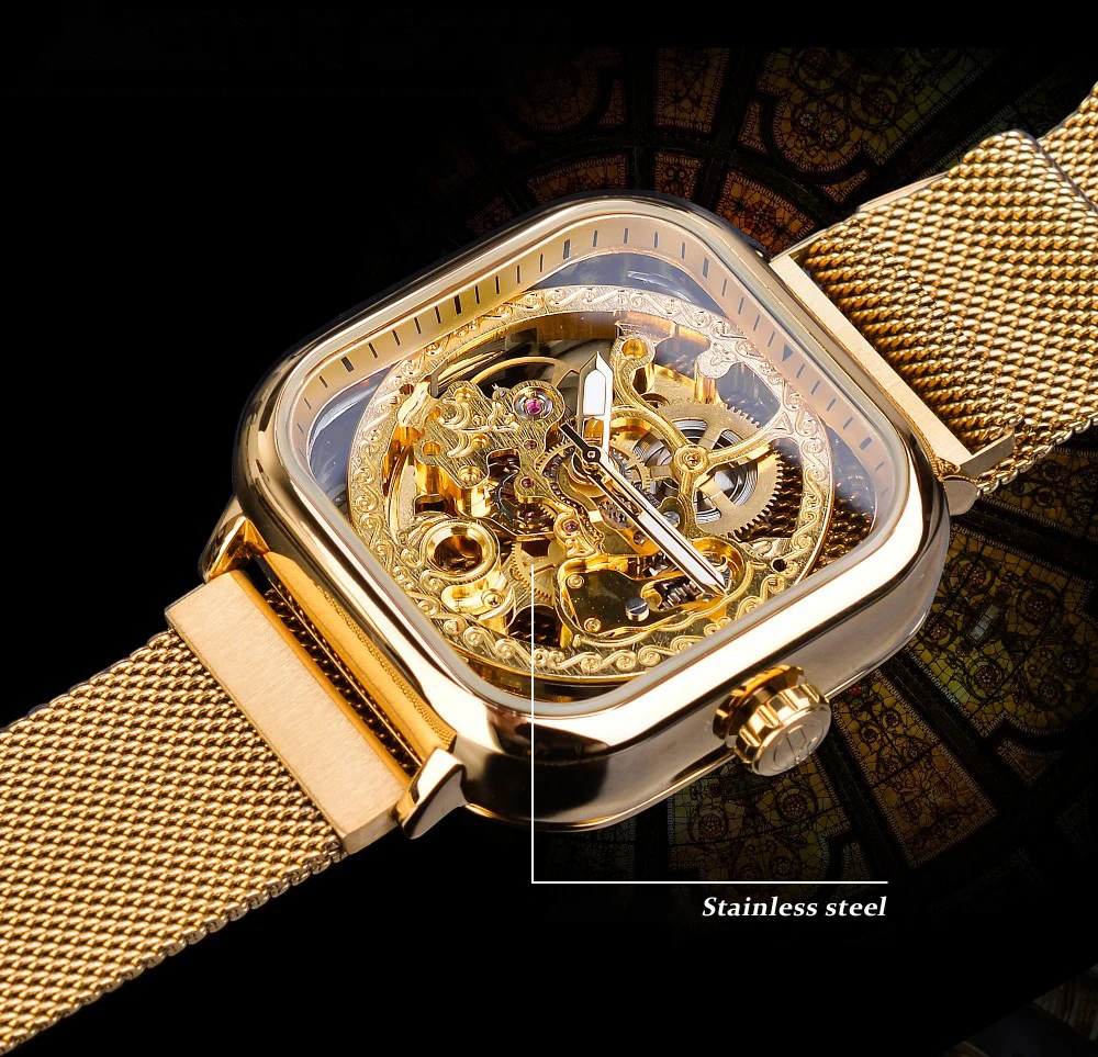 Luxury Gold Stainless Steel Skeleton Automatic Watches