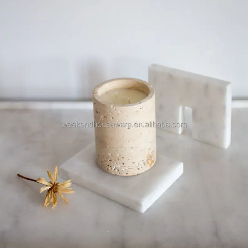 Empty Natural Beige Stone Marble Travertine Candle Jars