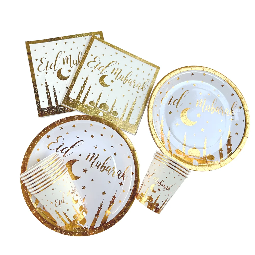 Glitter Shinny Moon Star Eid Plates - Gold Foiled Mosque Cutlery Set