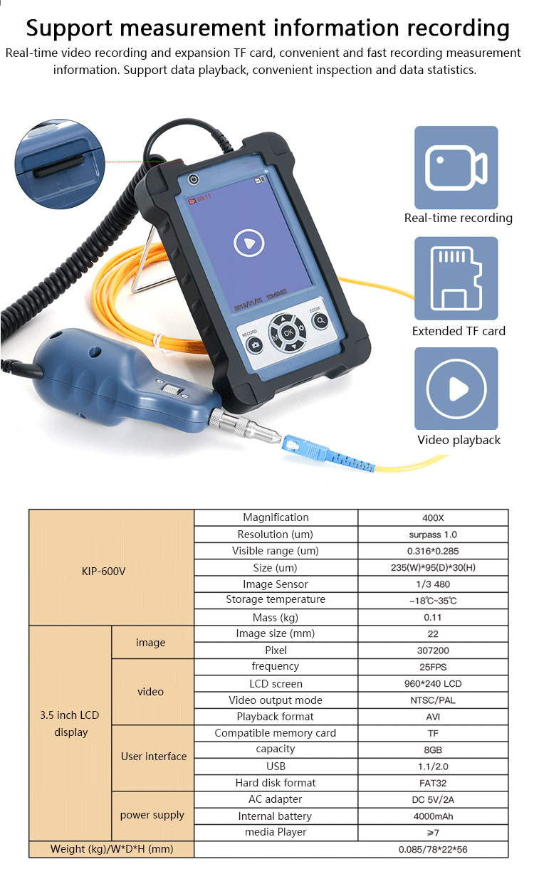 Kip-600v Portable End Face Inspection Probe Fiber Microscope Optical ...