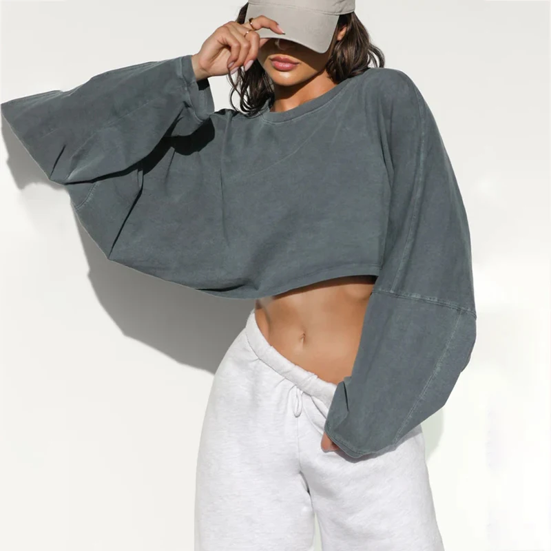 Custom Slouchy Crop Long Sleeve Lady Fitness Crop Top Hoodies T Shirt ...
