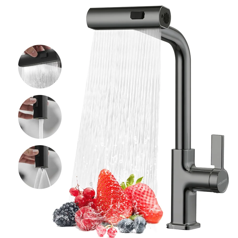 3 Modes Pull Out Flexible Hose Gun Metal Grey Color Kitchen Sink Faucet ...