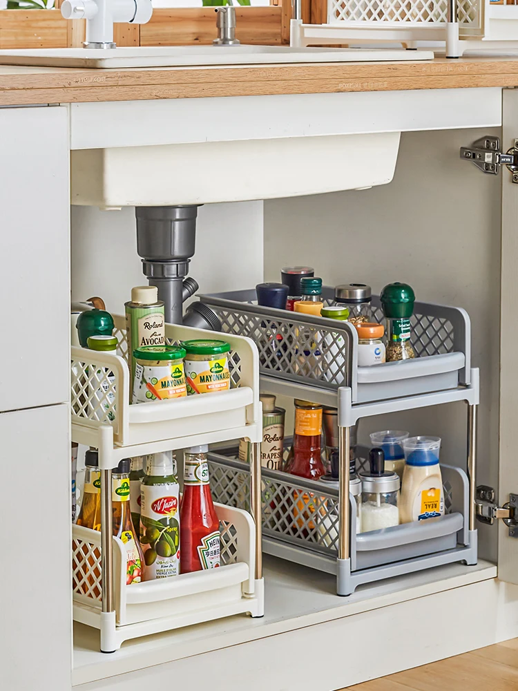Kitchen Storage Shelf With 2 Drawers Sliding Spice Rack Under Sink ...