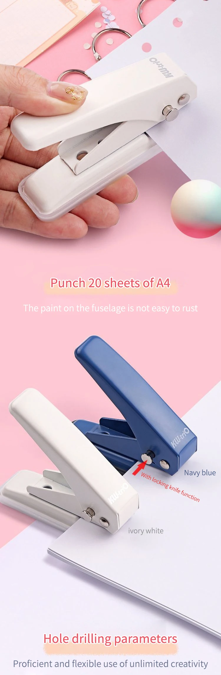 Single Hole Punch Machine 6mm round Hole 20 Sheet Capacity Loose-leaf ...