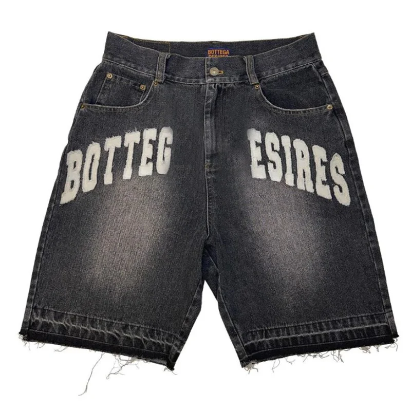 Custom Oem Streetwear Hip Hop Hot Denim Shorts Black Washed Embroidered ...