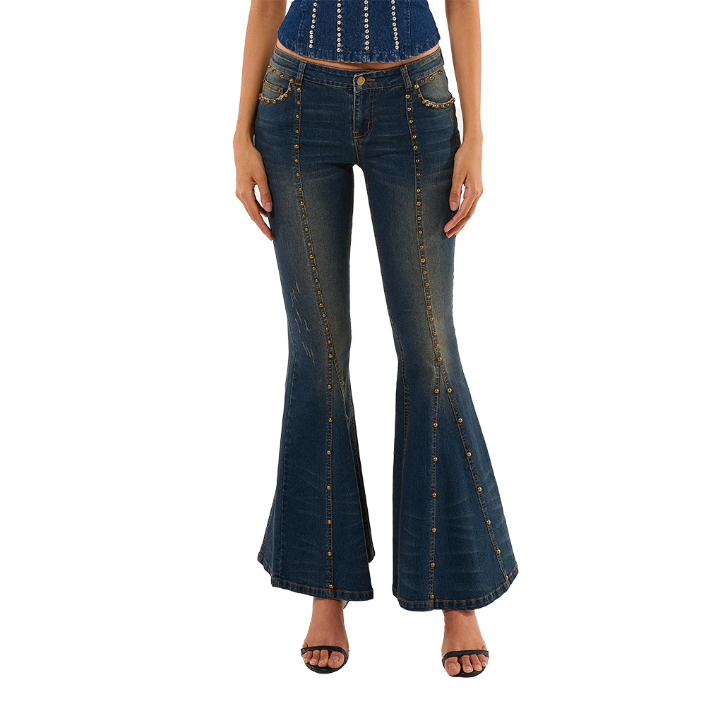 Manufacturer Custom Rivets Denim Flared Pants Women Trousers Ladies Femme Skinny Streetwear ...