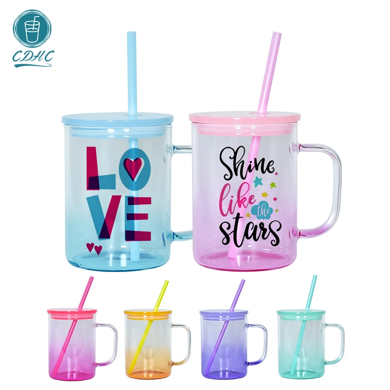 17OZ Graduately Colorful Sublimation Glass Mug With Handle and Rainbow Lids Mason Jar Coffee ...