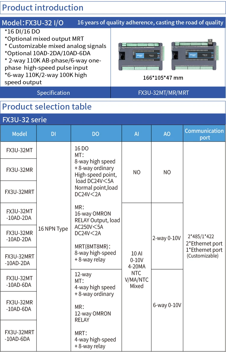 Easycon Fx3u-32mt Plc Controller With 16di/16do 10ai/2ao Programmable Logic Controller Plc ...