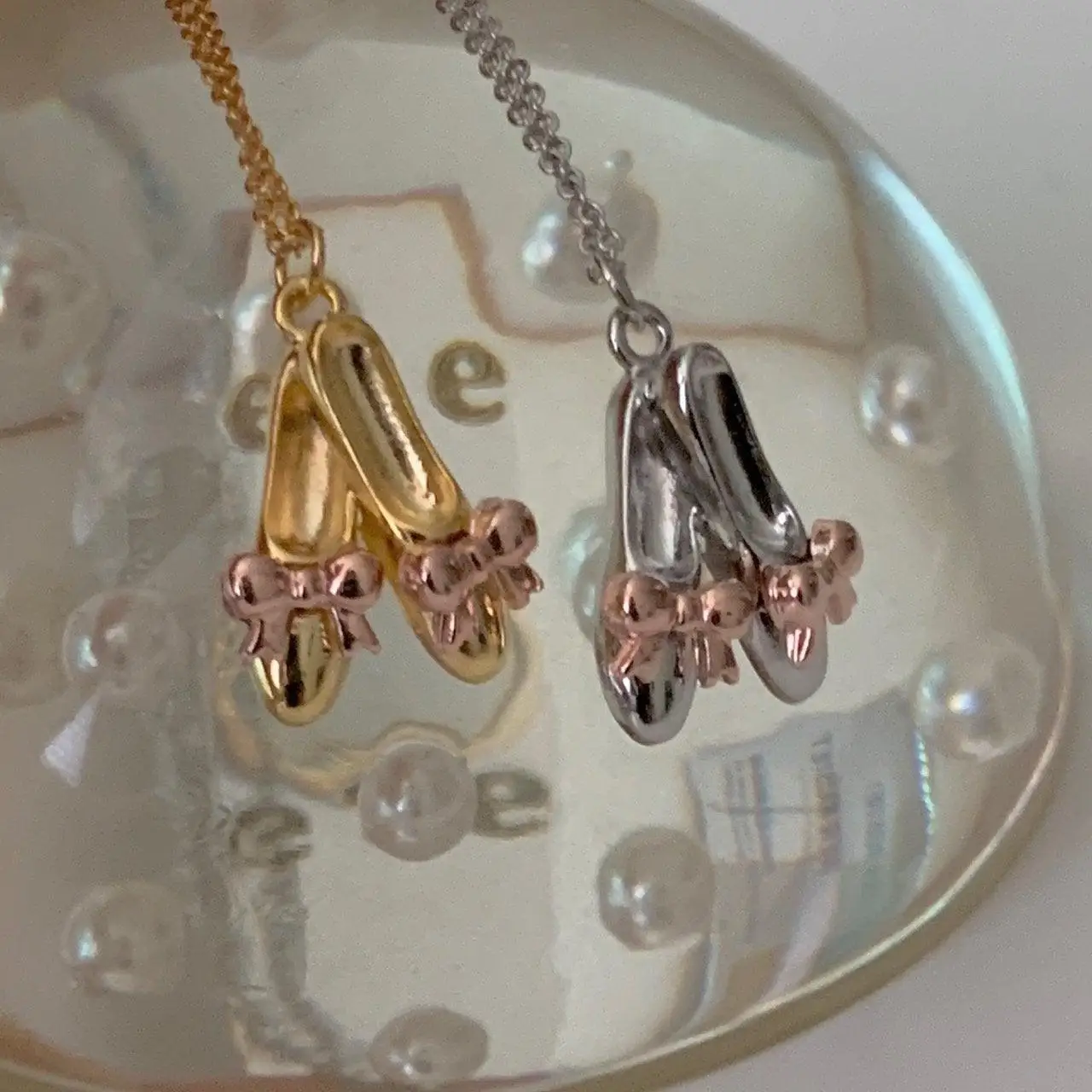 Stainless Steel Ballet Shoes Double Color Cute Pink Bow Necklace ...