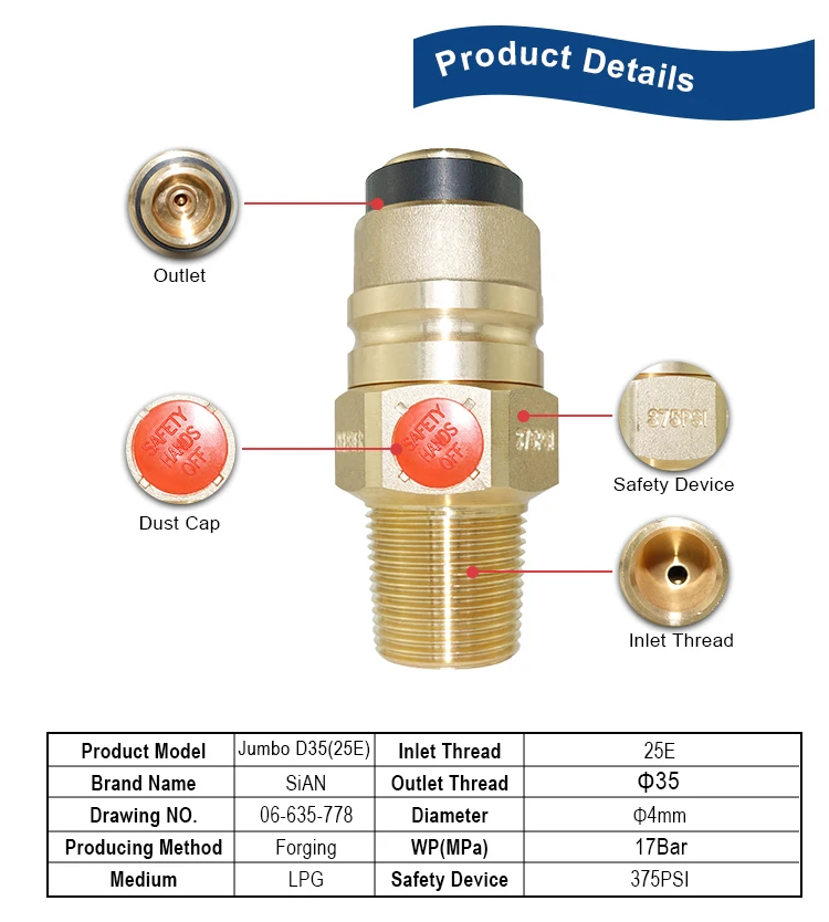 LPG Propane D35 Jumbo Cylinder Butane Valve with Safety Device